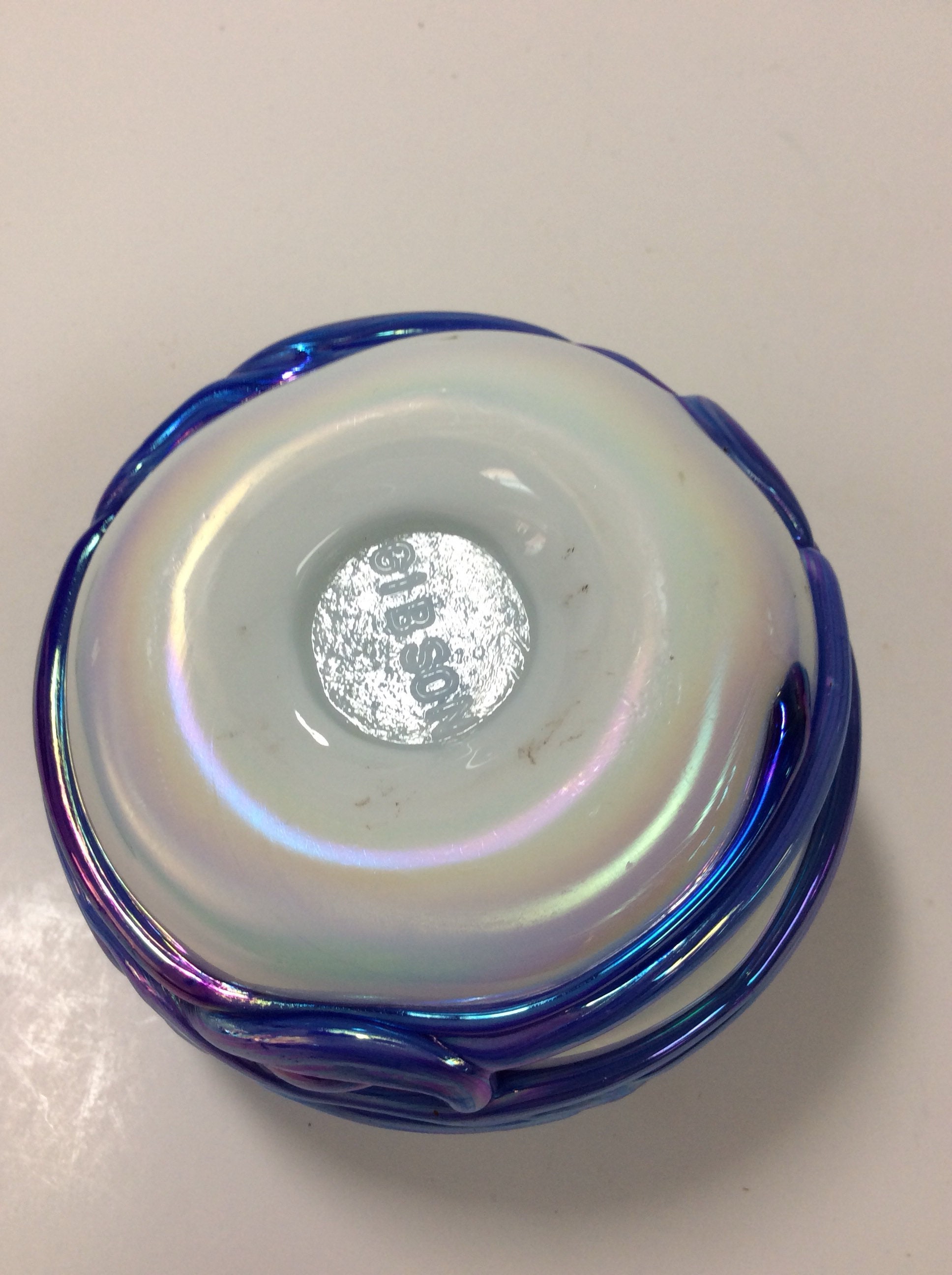 Gibson Glass hand made paperweight pearl white with blue cobweb pattern