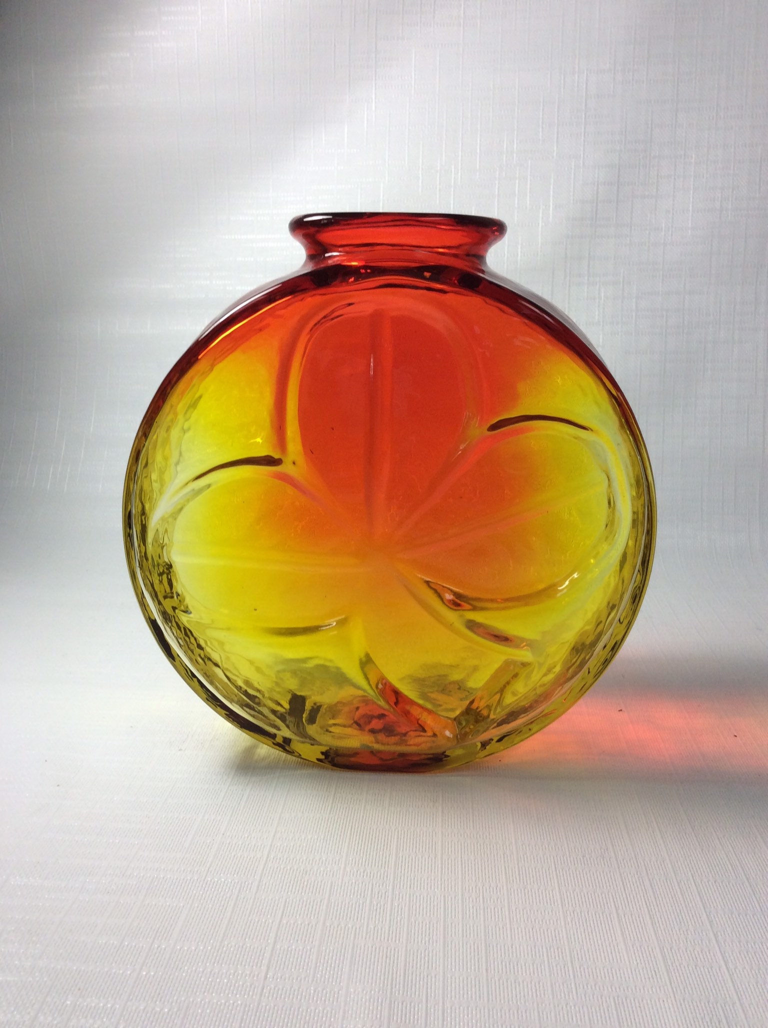 Blenko Glass 6322 tangerine clover vase. Husted design