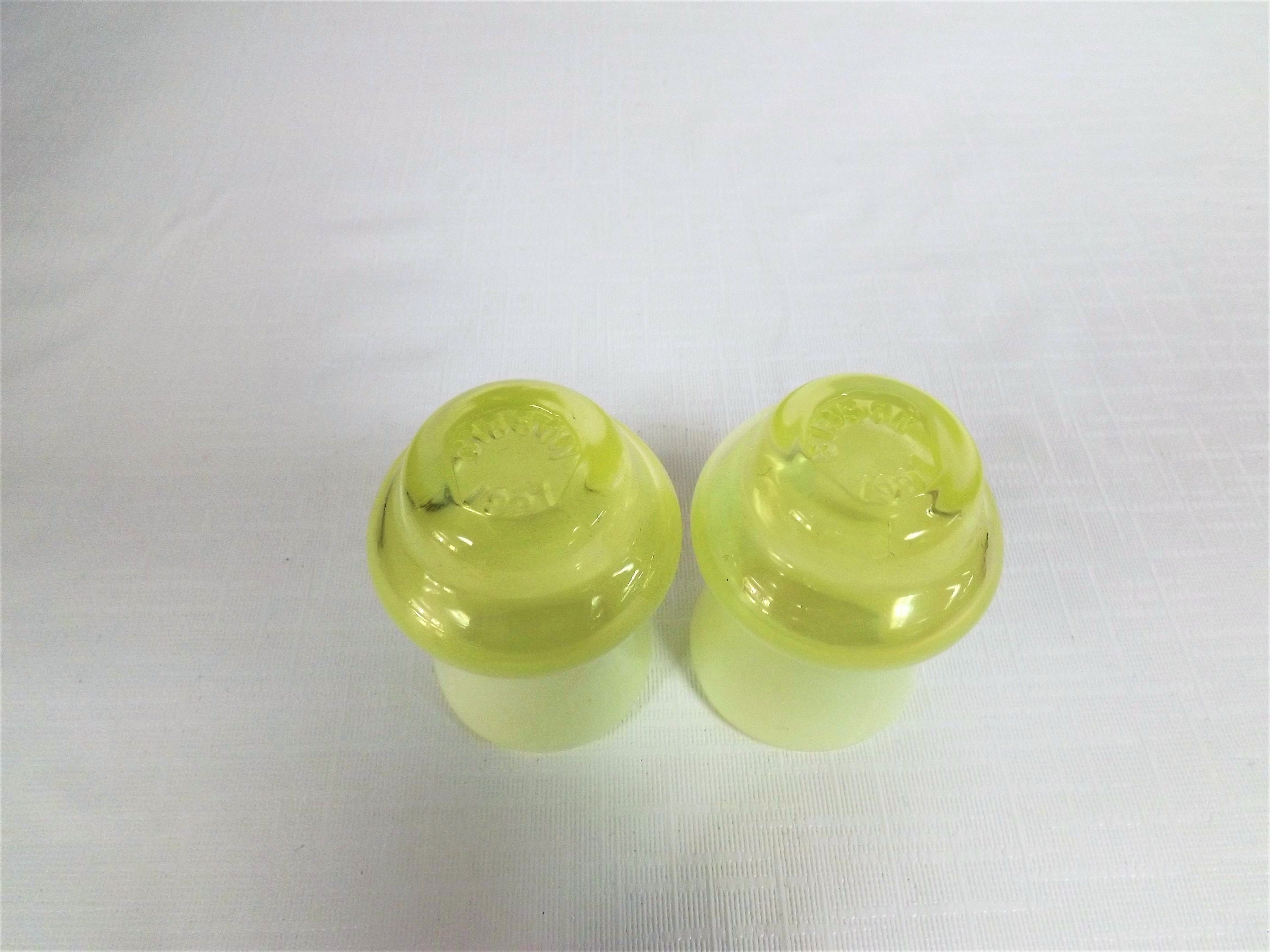 Gibson Glass Opalescent Vaseline Glass Shot Glasses Pair Handblown