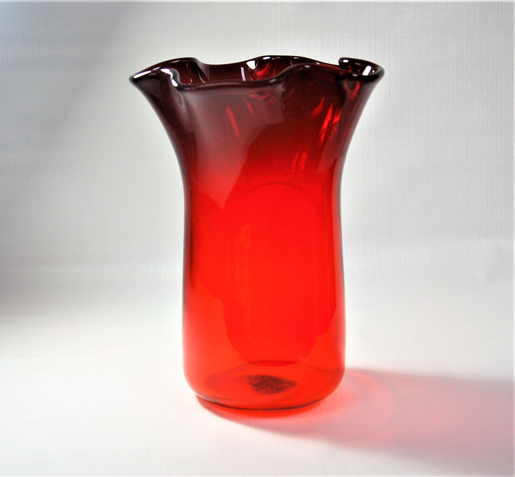 Blenko Glass Tangerine #7919 Ruffled Glass Vase Hand Blown Don Shepherd