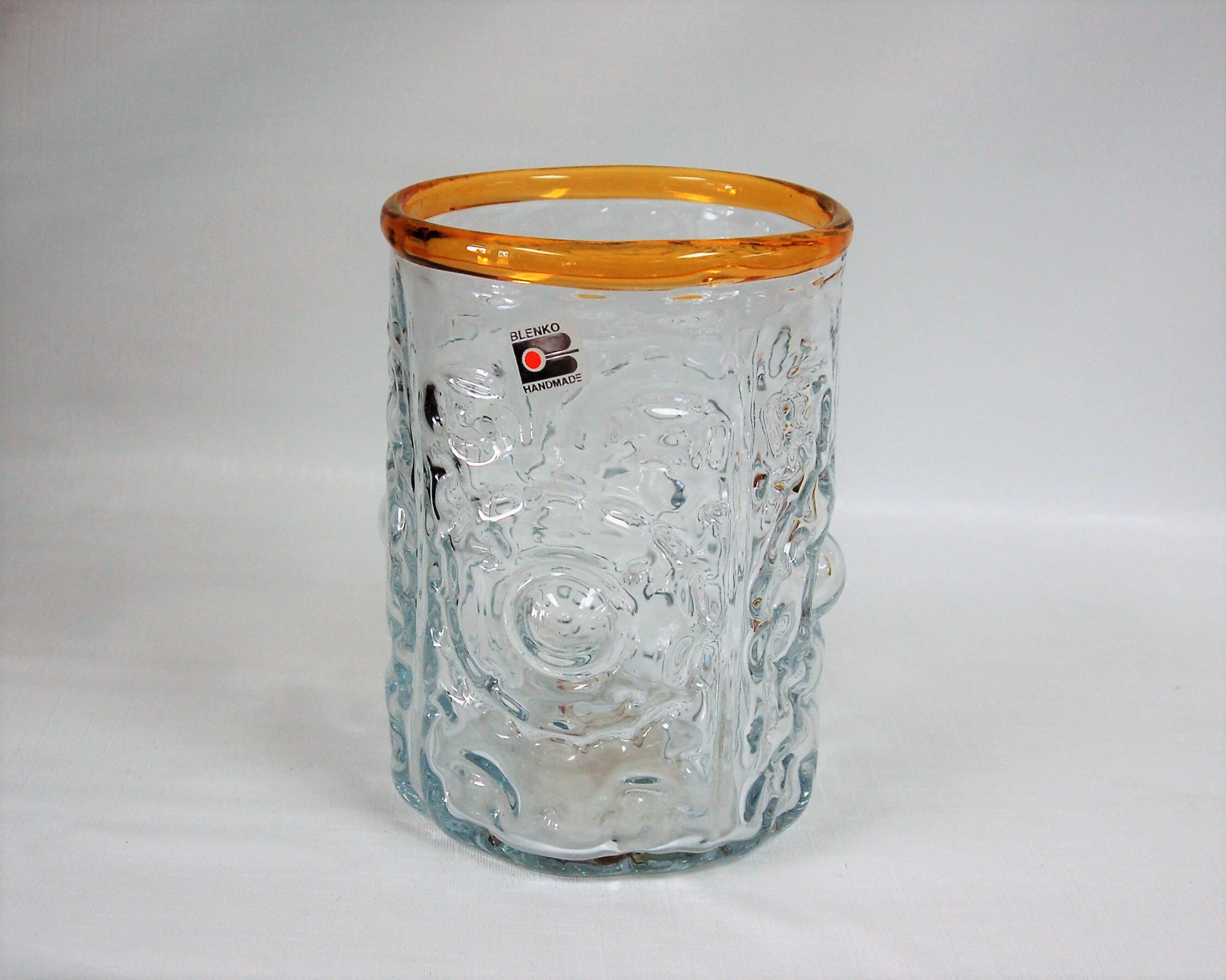 Blenko Glass Crystal Textured Vase with Applied Topaz Rim Hank Adams Design