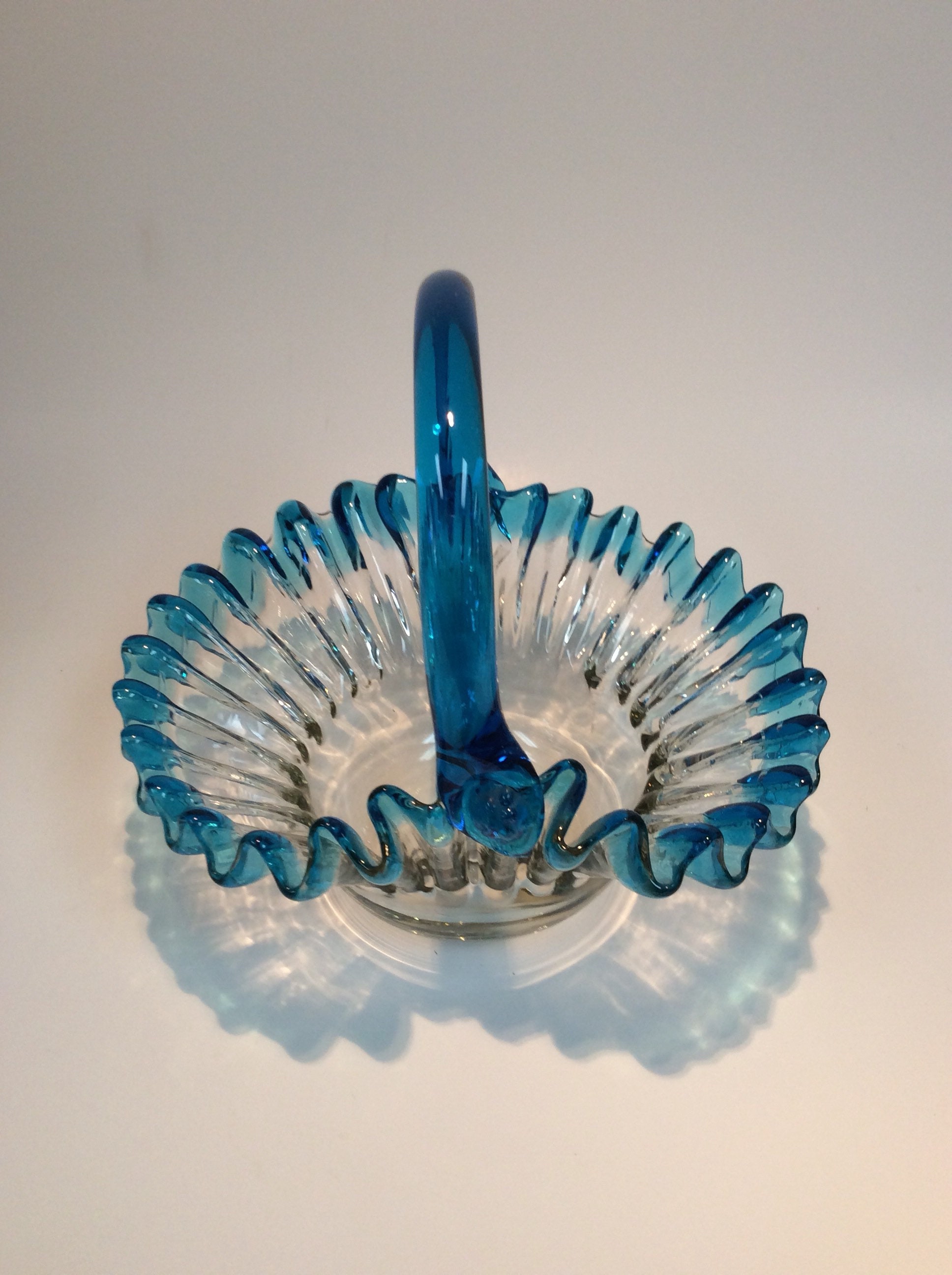 Blenko Glass 934 hand blown ruffled basket, crystal with turquoise blue ...