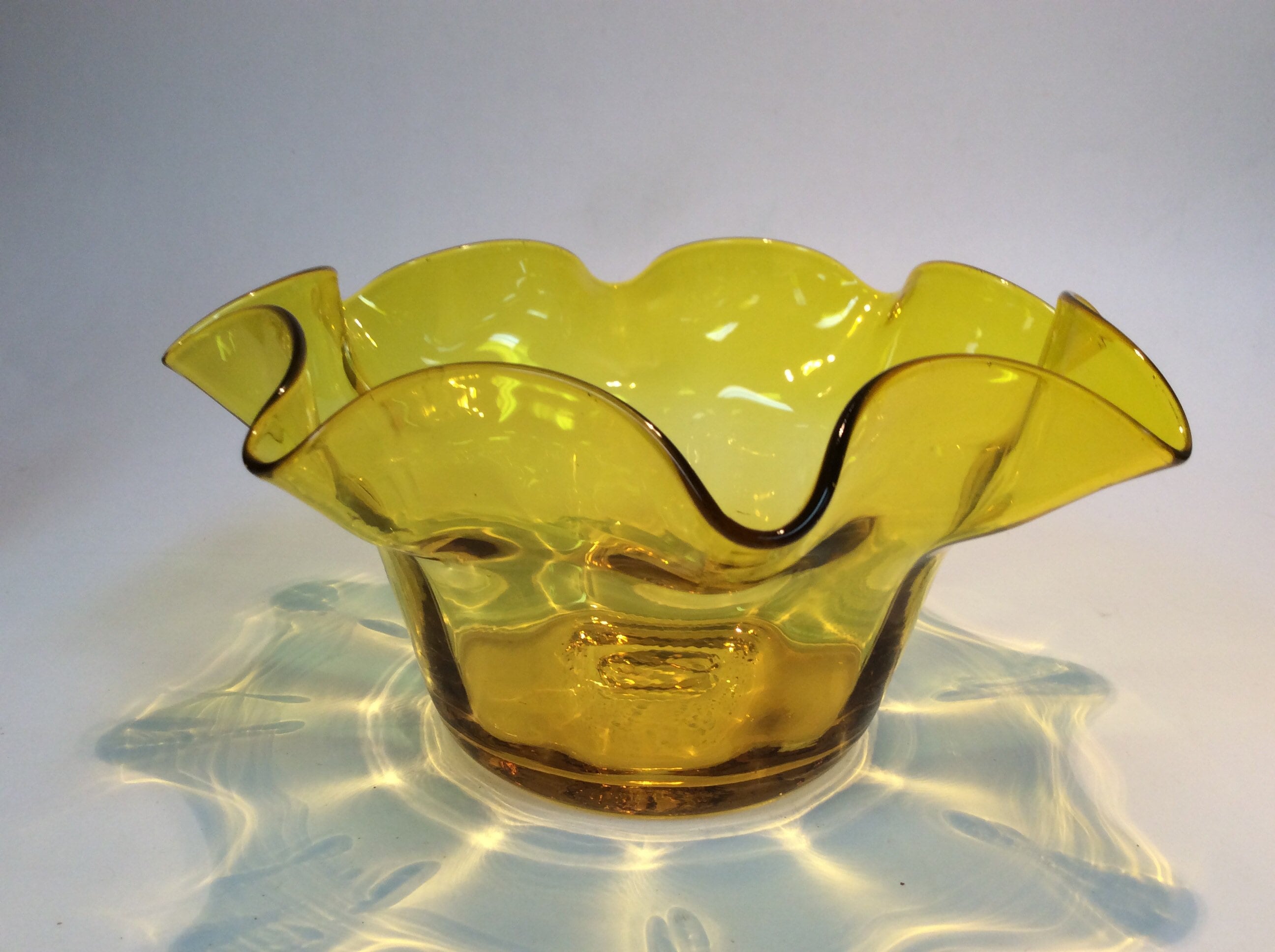 Blenko Glass vintage #3744X ruffled bowl in lemon yellow