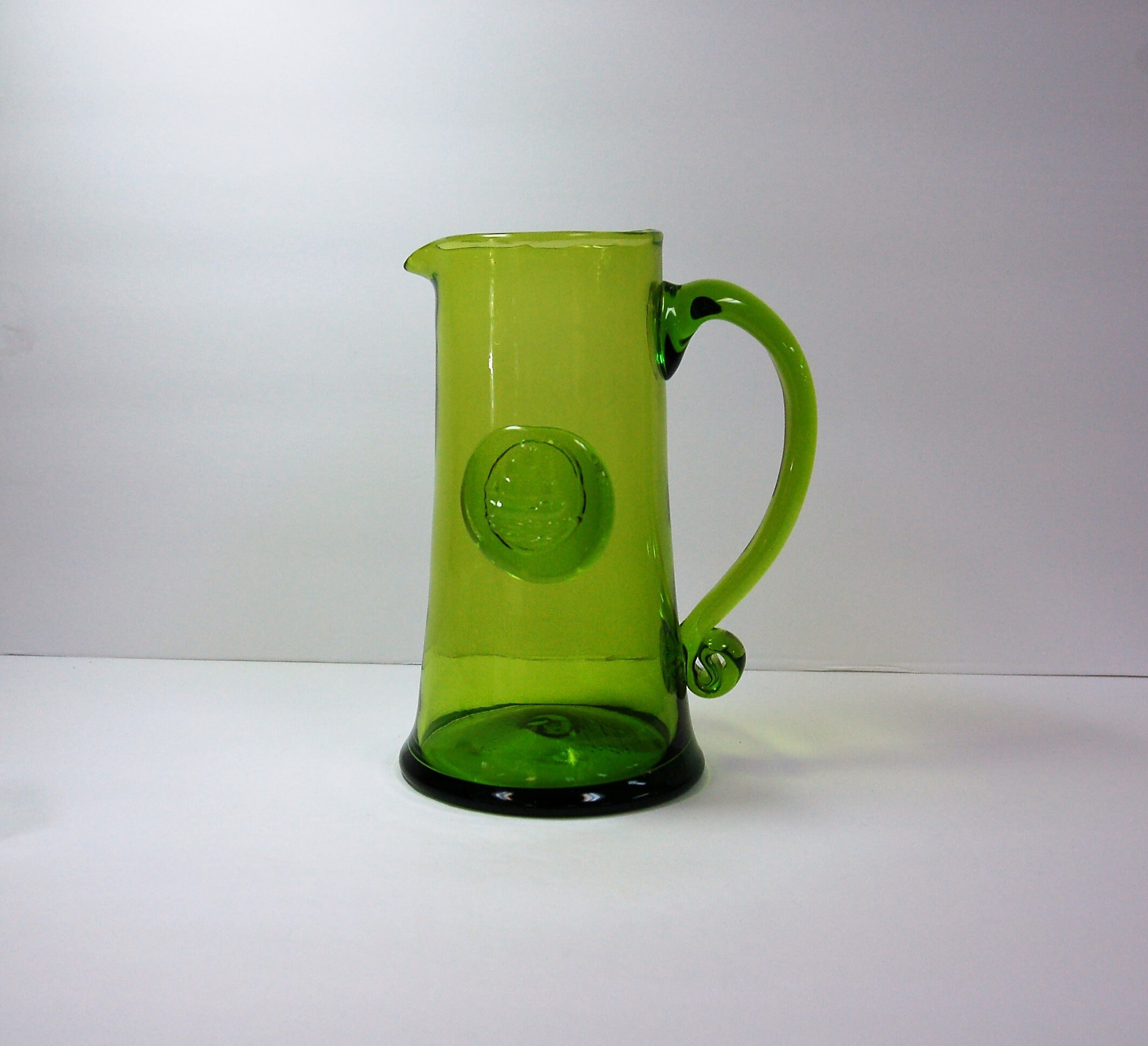 Blenko Glass pitcher 7629S in olive green, Don Shepherd design