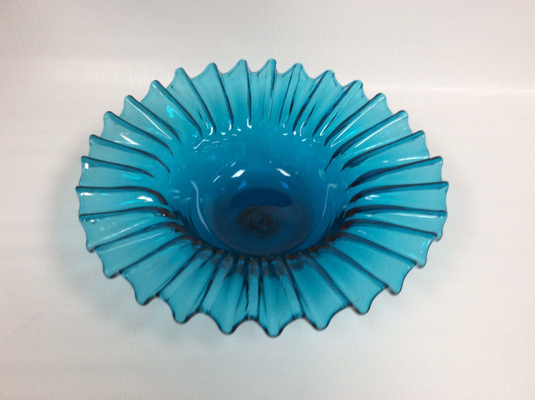 Blenko Glass vintage 5423 crimped in teal blue, Husted design, hand blown