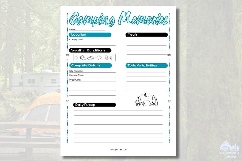 Campsite Memories Printable | 1-page Camping Journal | Campground ...