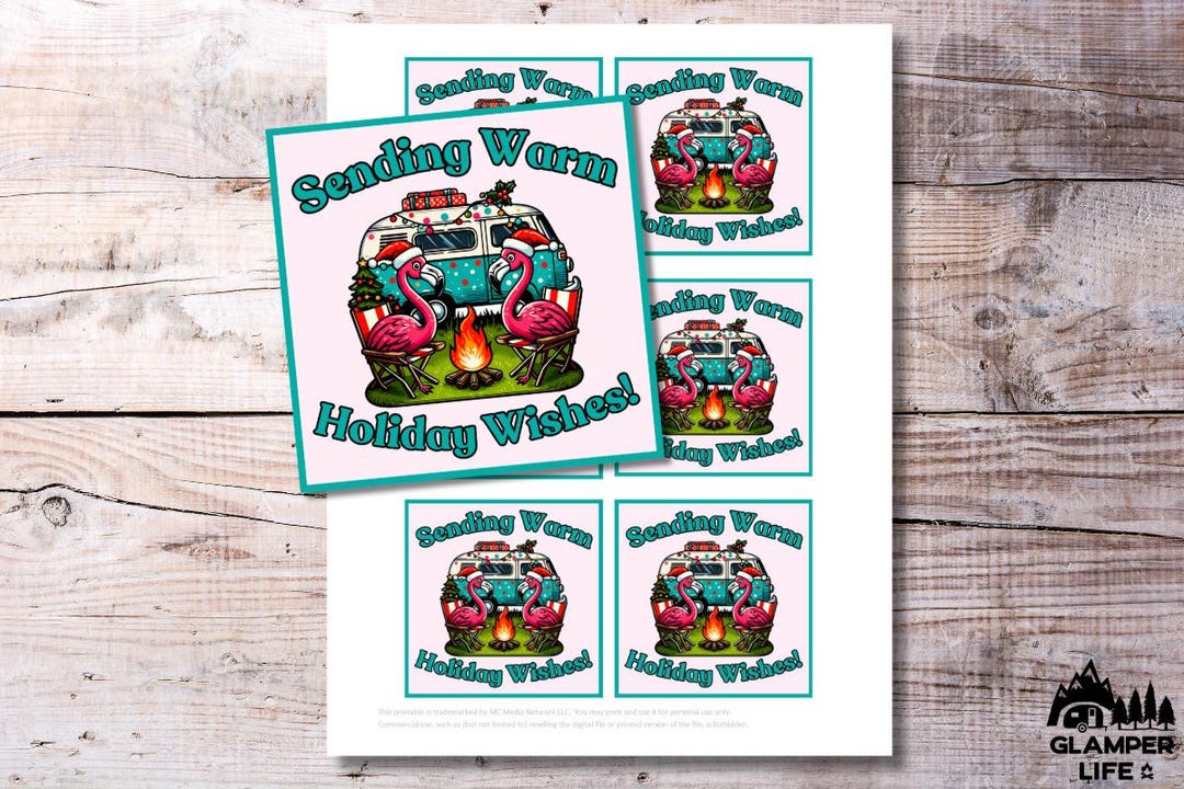 Sending Warm Holiday Wishes Flamingo Camper RV Printable Gift Tags ...