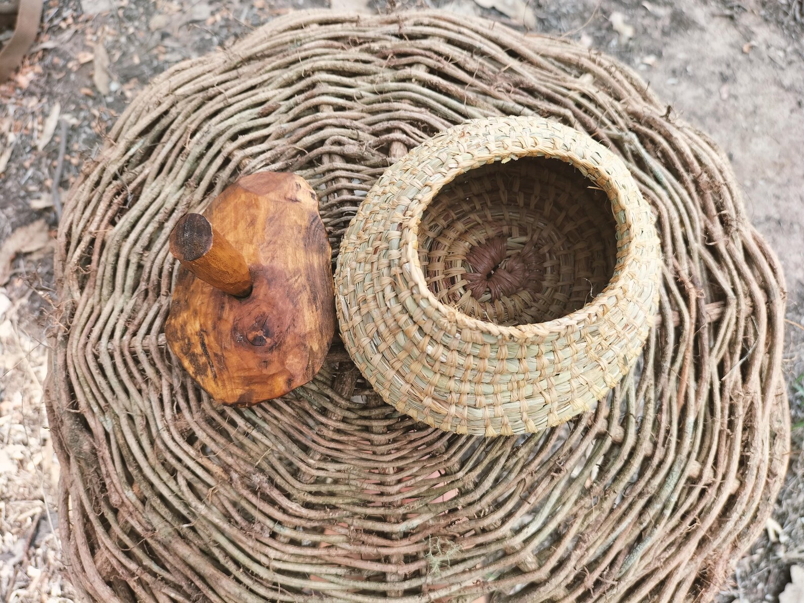 Hand Woven Coil Weave Basket With Cherry Wood Lid, Raffia Flax Weave ...