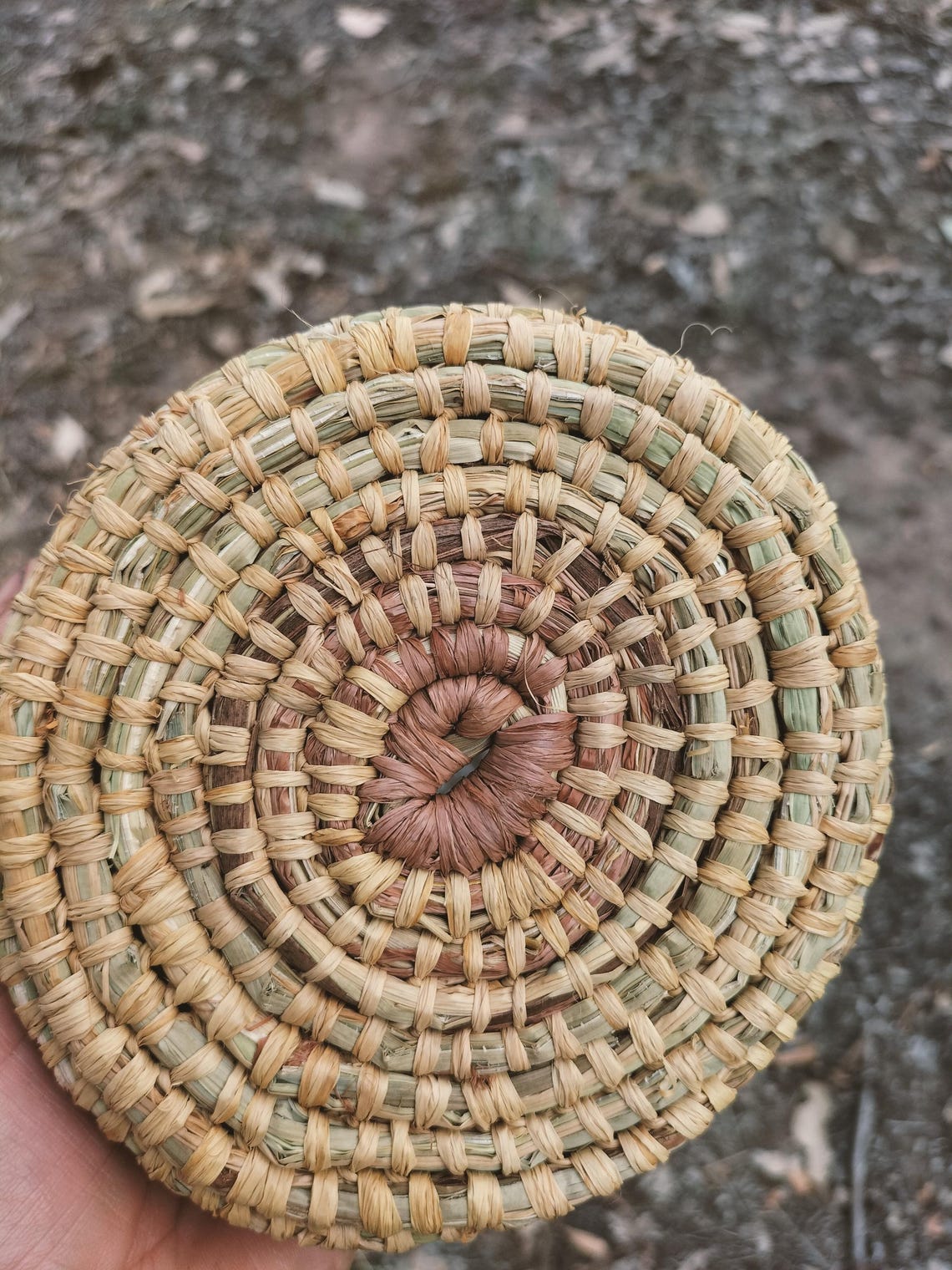 Hand Woven Coil Weave Basket With Cherry Wood Lid, Raffia Flax Weave ...