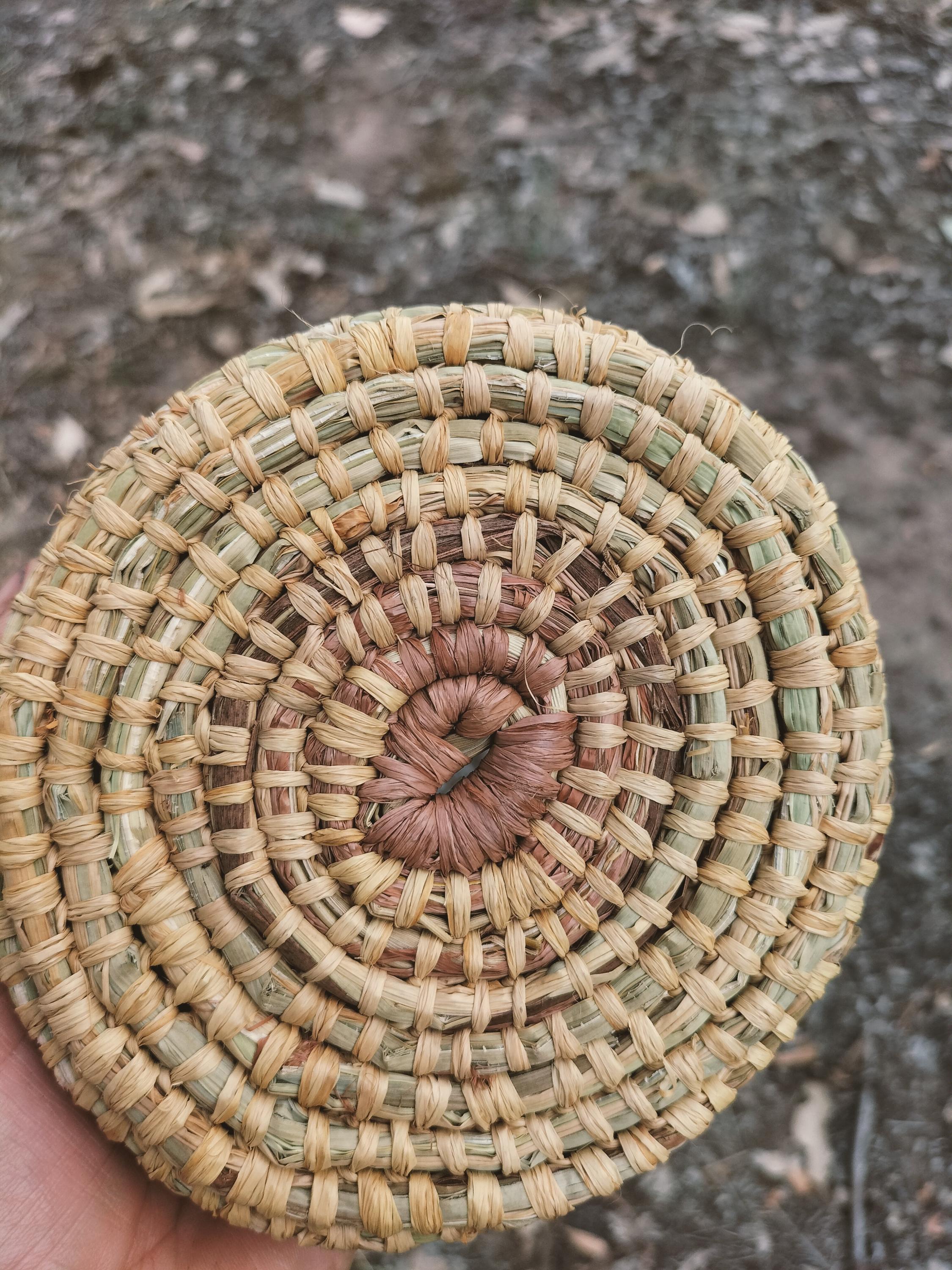 Hand Woven Coil Weave Basket With Cherry Wood Lid, Raffia Flax Weave ...