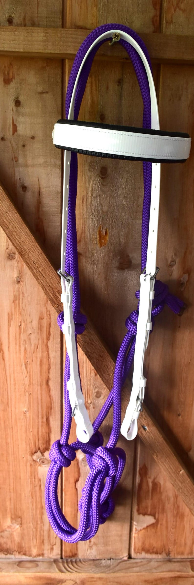 Trail Bridle in Gloss White Biothane With Purple Rope Halter Size Full ...