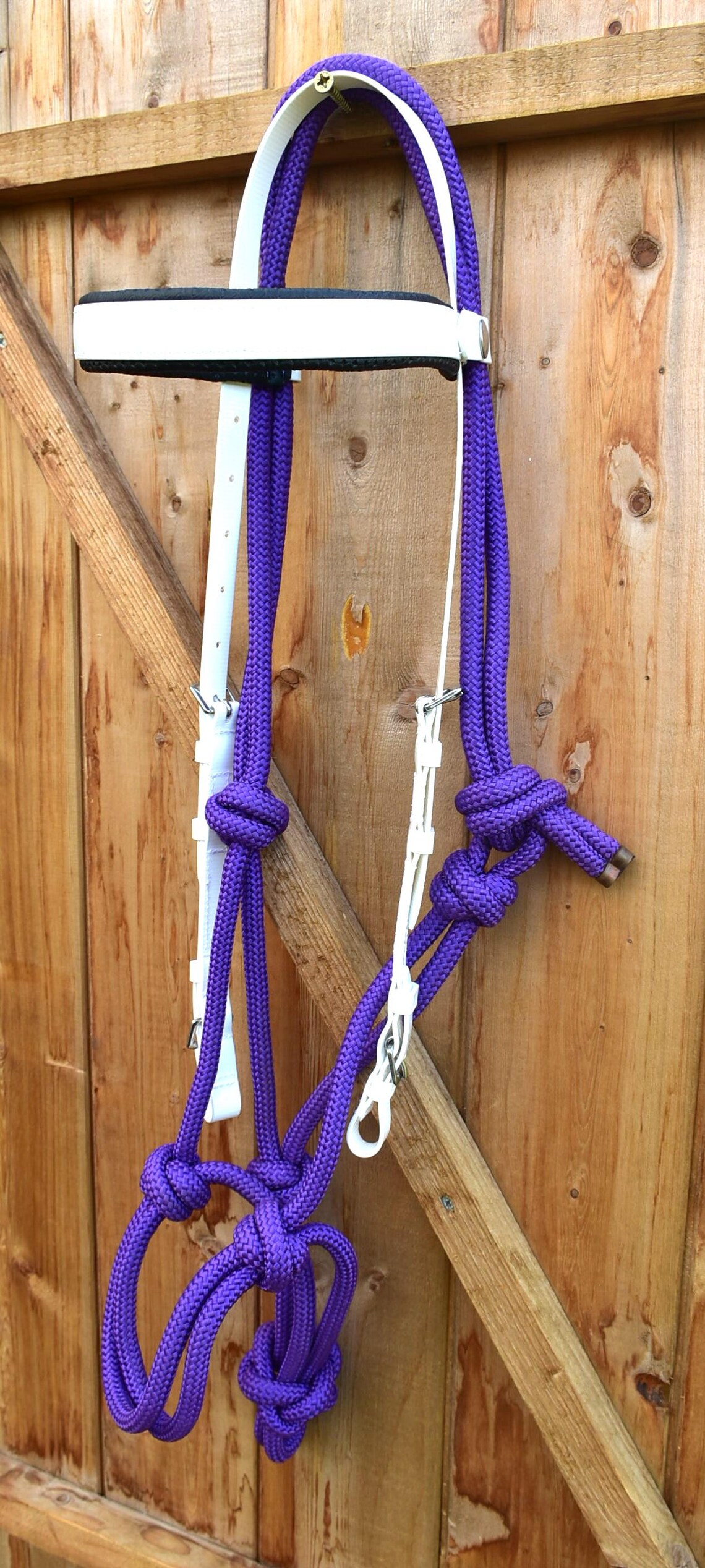Trail Bridle in Gloss White Biothane With Purple Rope Halter Size Full ...