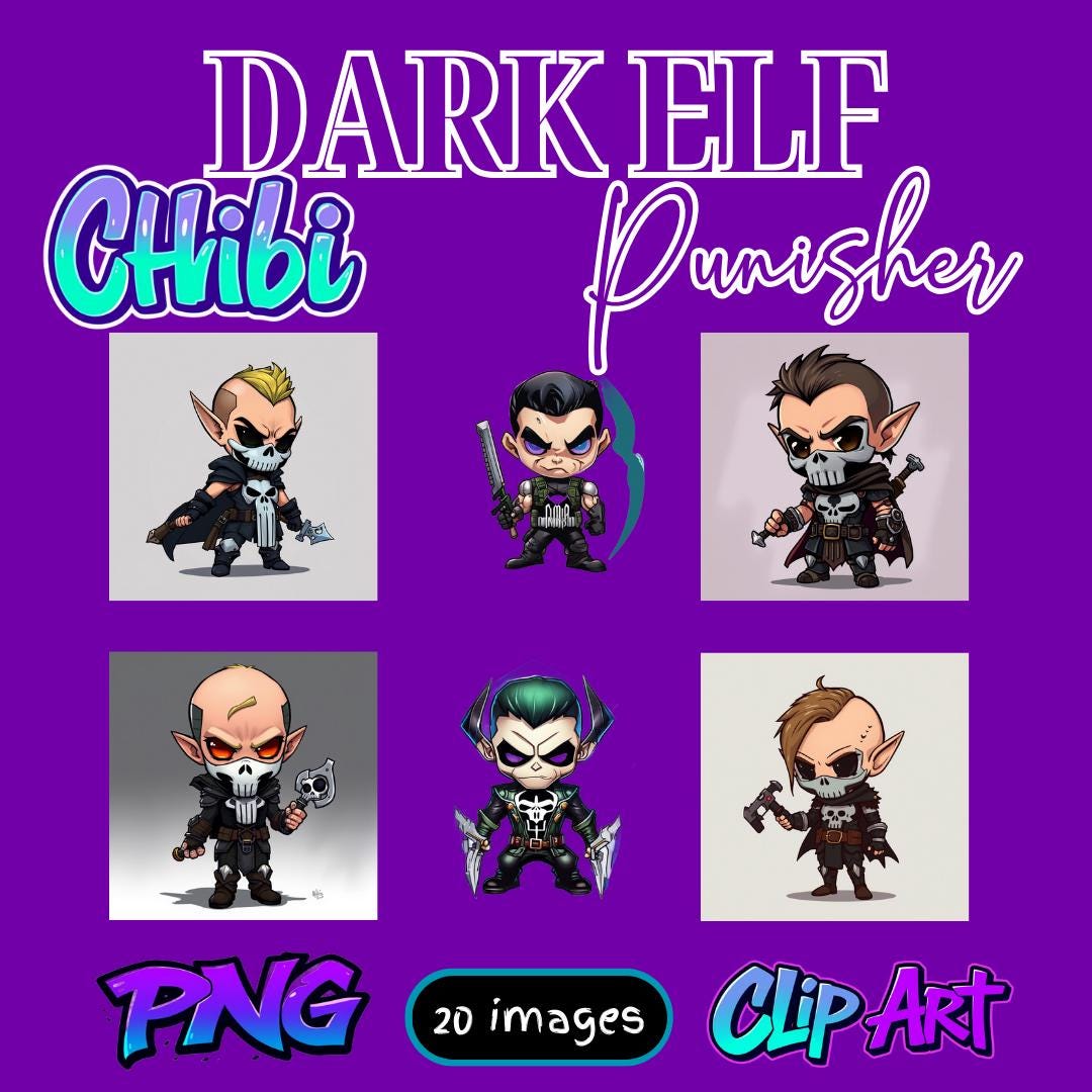 Dark Elf Punisher Chibi Clipart Pack 20 PNG Images Badass Dark Elf ...