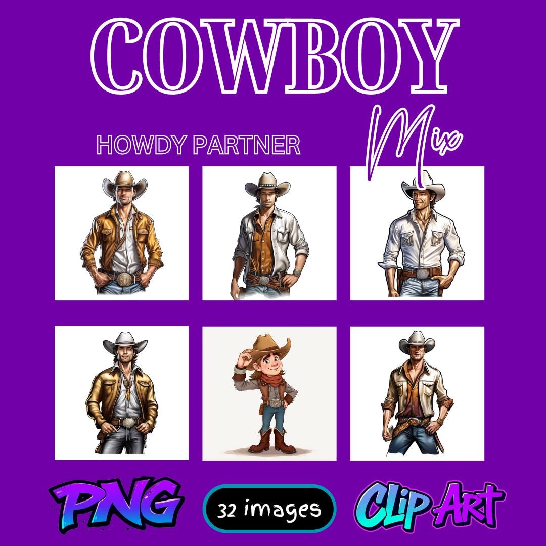 Cowboy Clip Art Bundle, Western Cowboy PNG Pack, 32 Cowboy Character ...