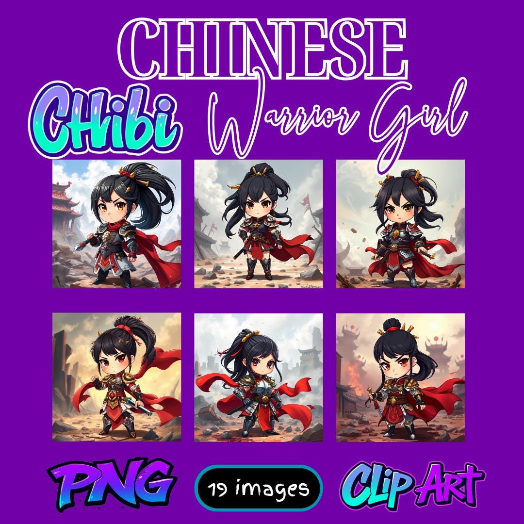 Chinese Warrior Girl Chibi Clip Art 19 Fierce Elegant Pngs for Digital ...