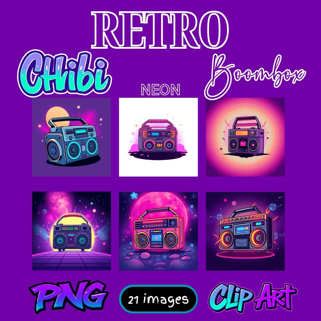 Chibi Retro Neon Boombox Clip Art 21 High-quality PNG Images, Vibrant ...