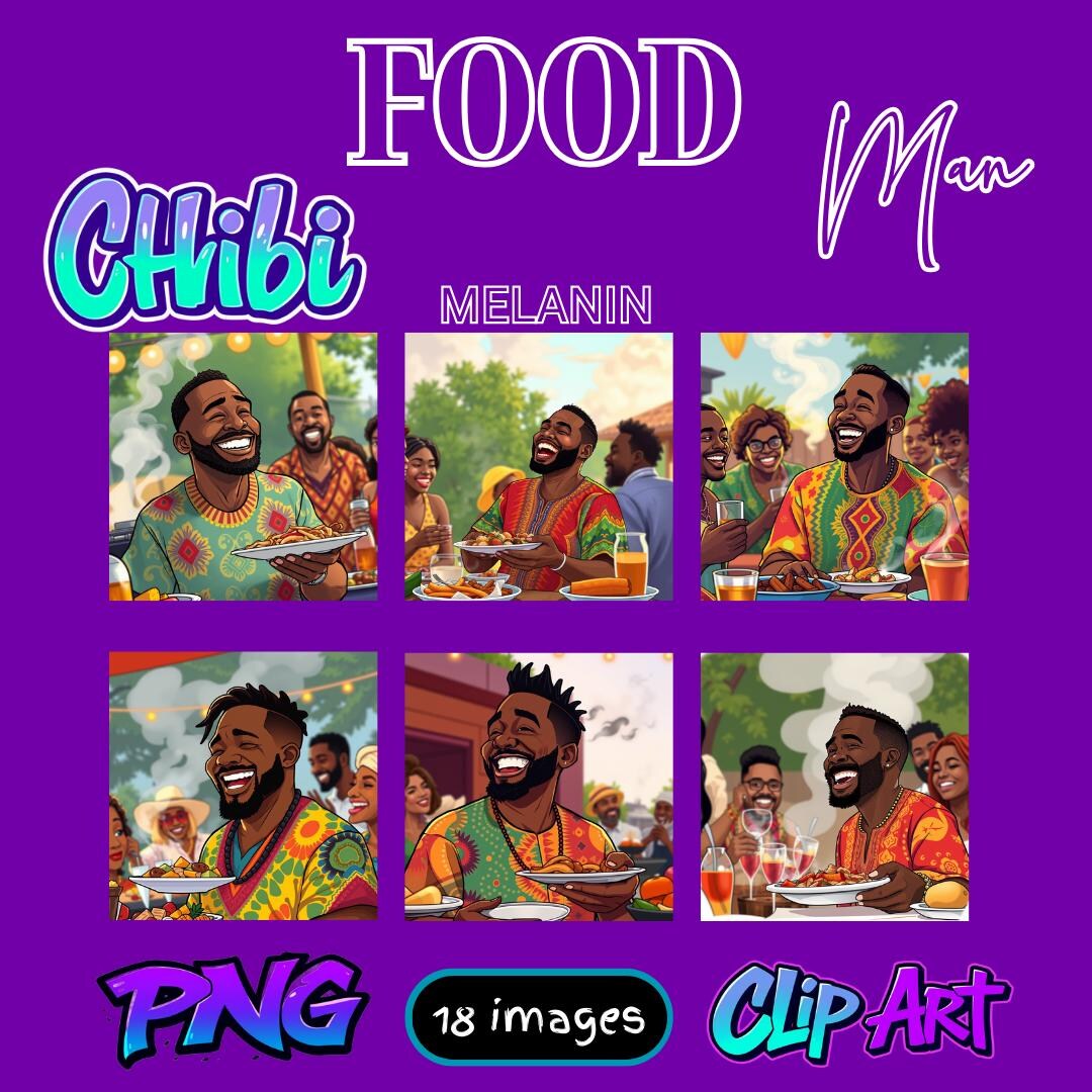 Chibi Melanin Man Food PNG Images Joyful Dining Clip Art for ...