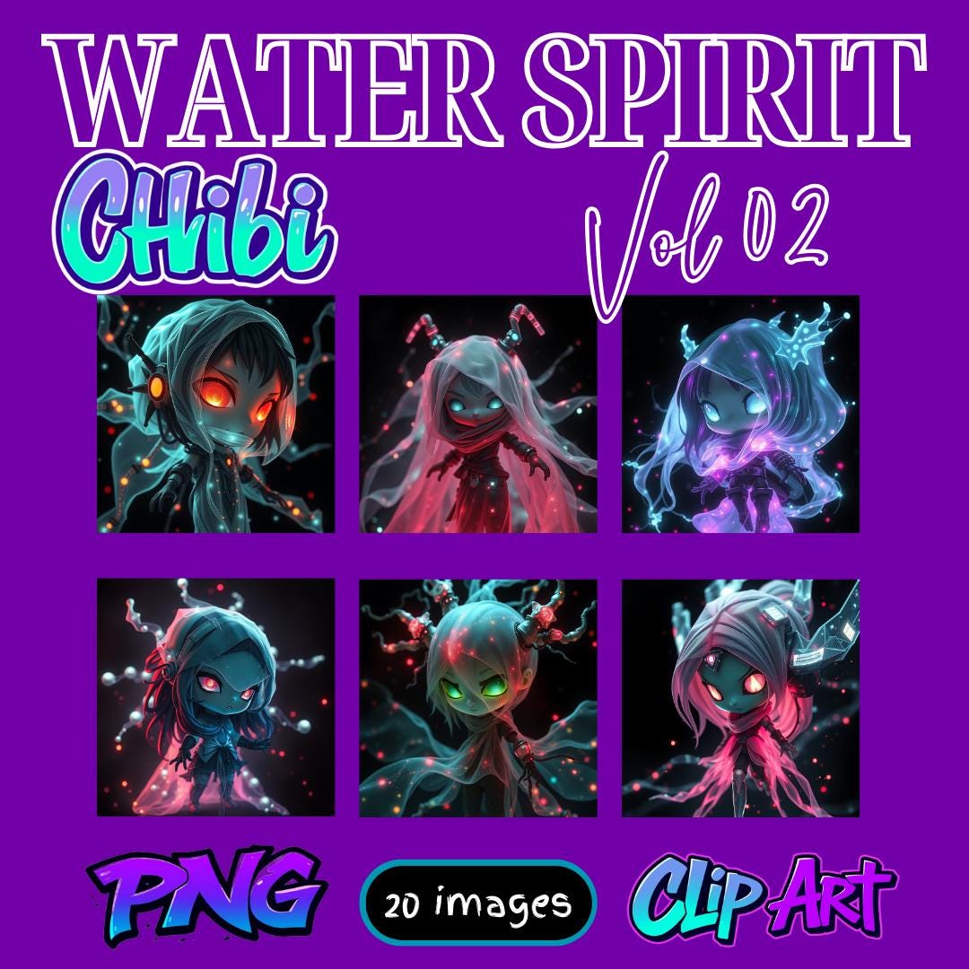 Water Spirit Chibi Clip Art Vol. 02 20 PNG Images Dark Neon Fantasy ...