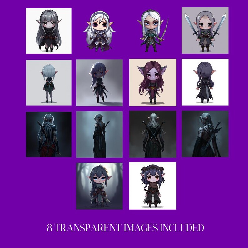 Chibi Drow Elf Girl Clip Art Set 20 Digital PNG Images Dark Fantasy Elf, RPG Character Design ...