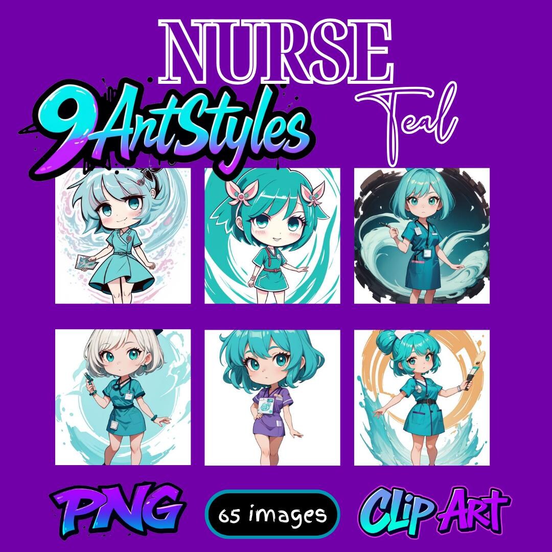 Chibi Nurse Clipart Set 65 Teal-themed PNG Images 9 Unique Art Styles ...