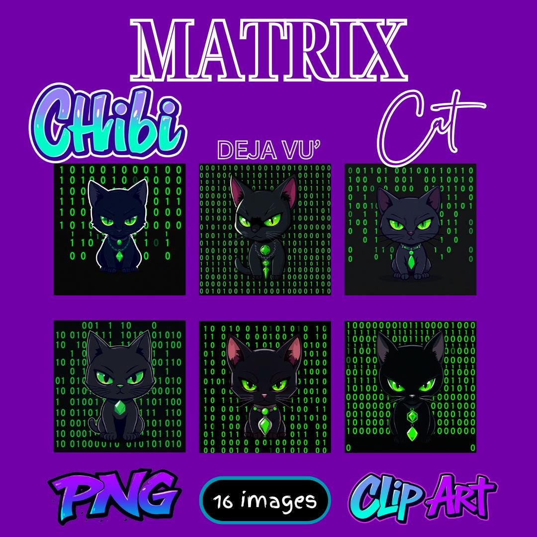 Matrix Cat Chibi Clip Art 16 Futuristic Digital Cats Pngs, Deja Vu ...