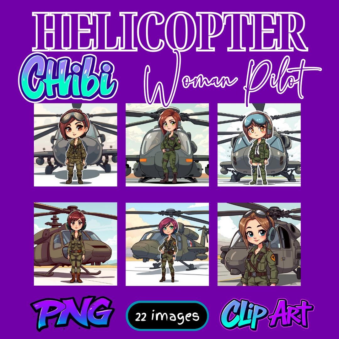 Helicopter Woman Pilot Chibi Clip Art 22 Digital Images, Aviation ...