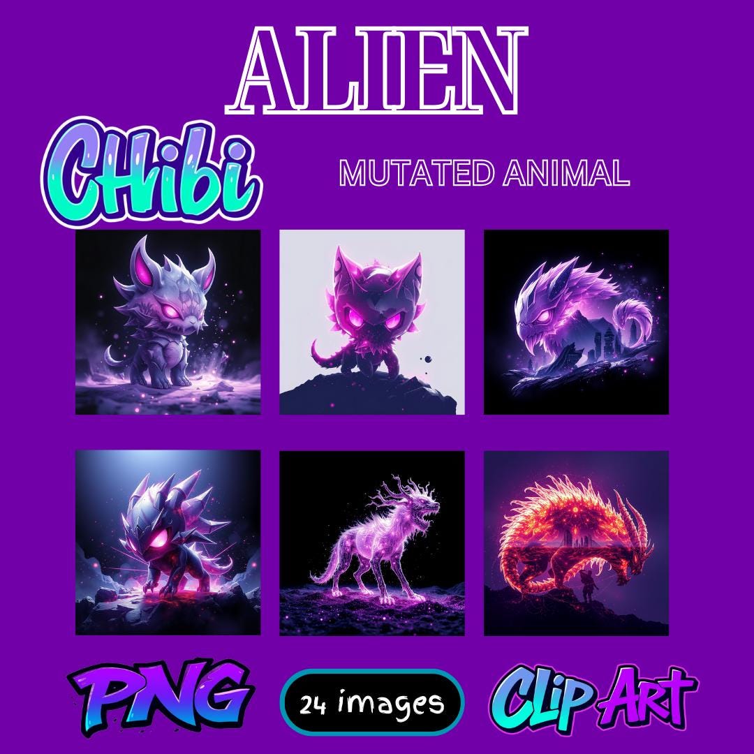 Alien Mutated Animal Chibi Clip Art, 24 Unique Digital Pngs, Cute Sci ...