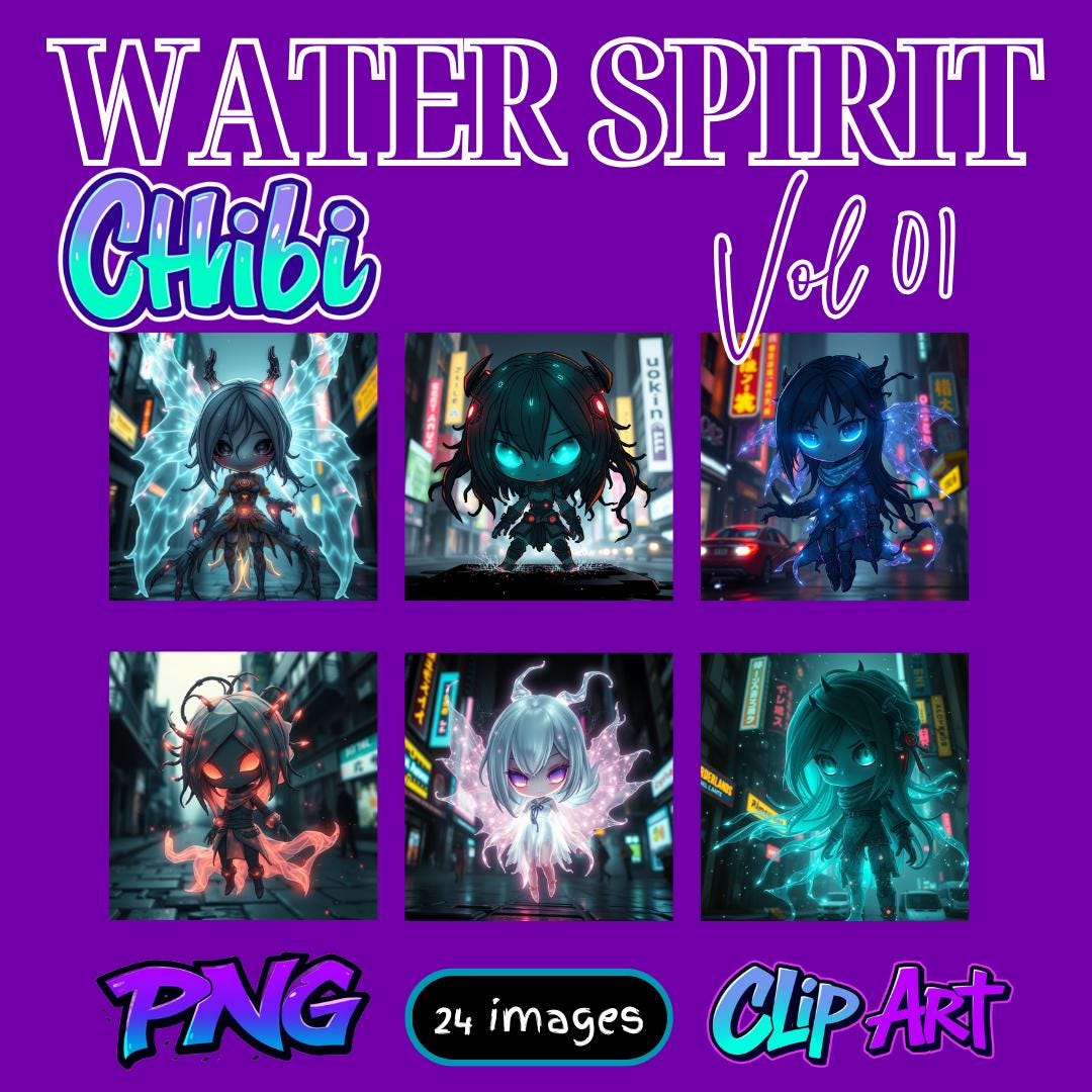 Water Spirit Chibi Clip Art Vol. 01 24 PNG Images Dark Fantasy Neon ...