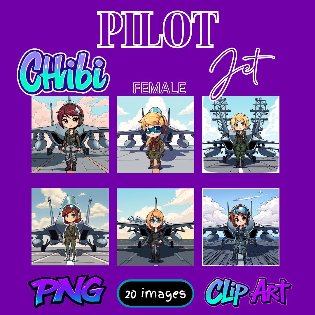 Female Jet Pilot Chibi Clip Art Bundle 20 Pngs, Cute Aviation ...