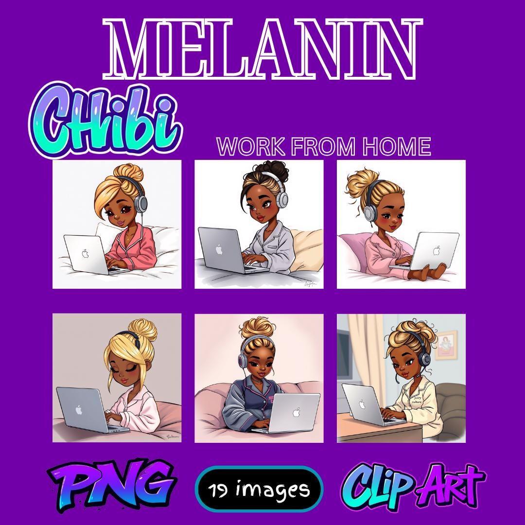 Melanin Work From Home Chibi Clip Art 19 Cozy & Productive Pngs, Work-from-home Characters for ...