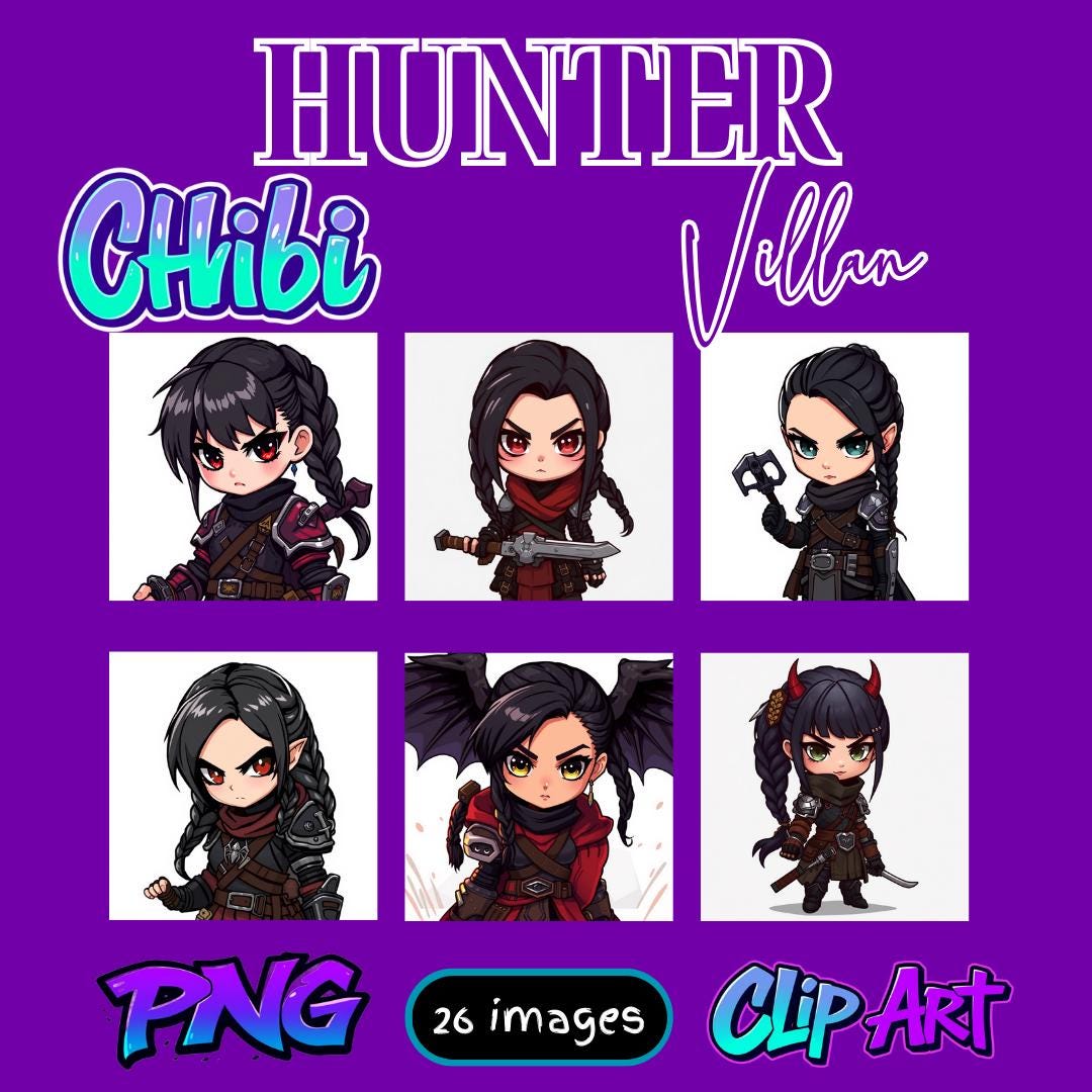 Chibi Villain Hunter Clip Art Pack 26 PNG Images, Dark Warrior ...