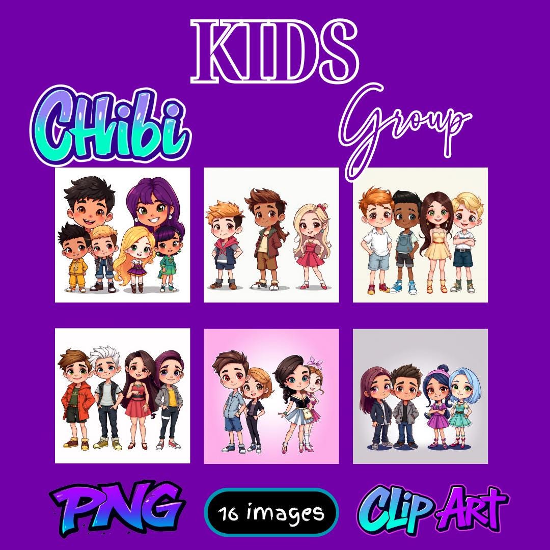 Kids Group Chibi Clip Art Bundle 16 Pngs, Cute Diverse Children ...
