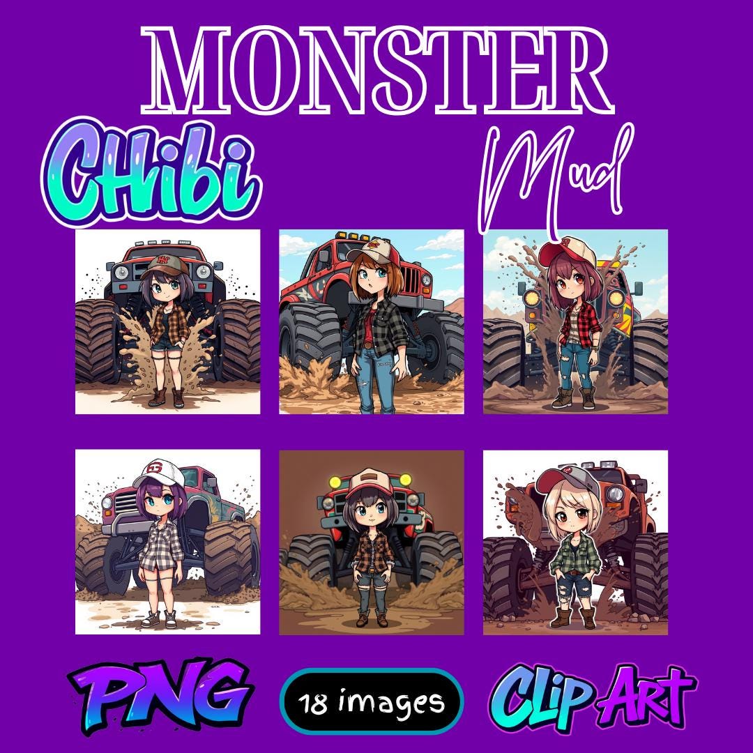 Monster Mud Chibi Clip Art Bundle 18 Pngs, Cute Off-road Truck Girls ...