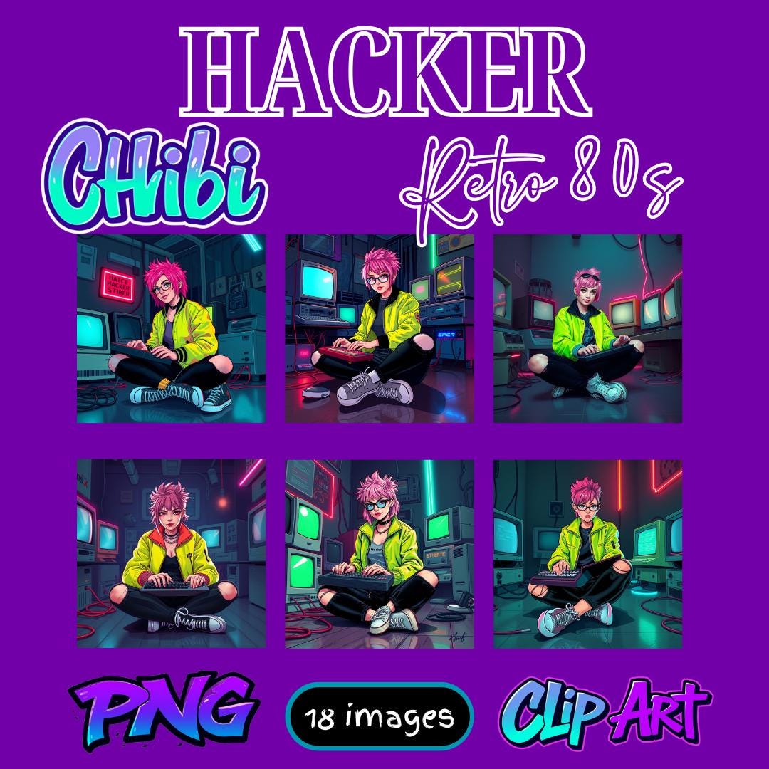 Retro 80s Hacker Chibi Clip Art 18 PNG Digital Illustrations Cute Neon ...