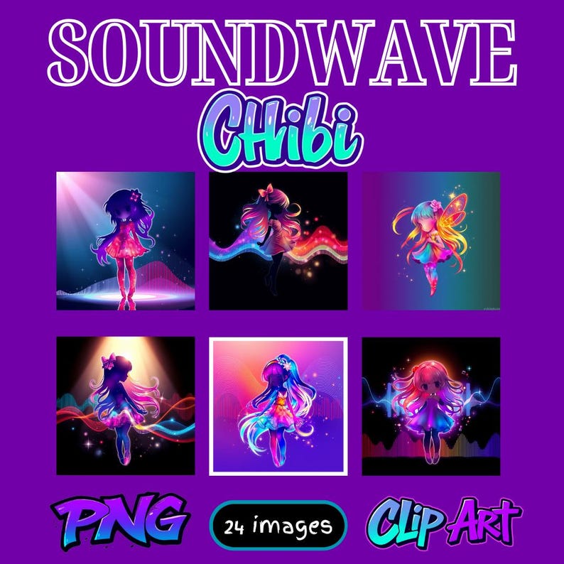Soundwave Chibi Clipart Set 24 PNG Images of Vibrant Neon Music-themed ...