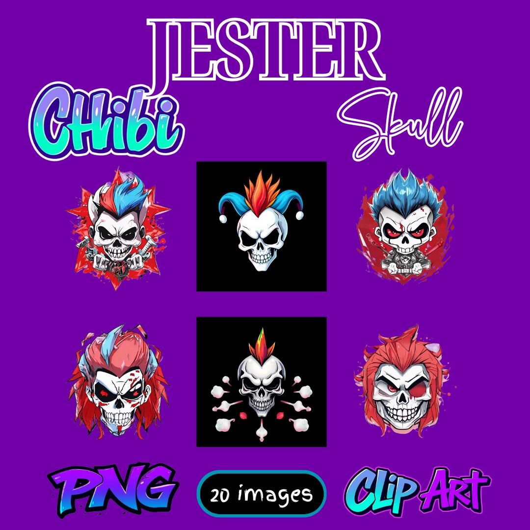 Jester Skull Chibi Clipart Bundle, 20 High-quality Pngs, Colorful, Dark ...