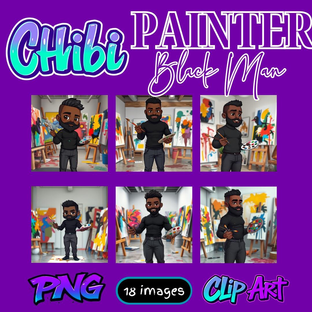 Chibi Black Painter Clip Art 18 PNG Images Art Studio Character Digital ...