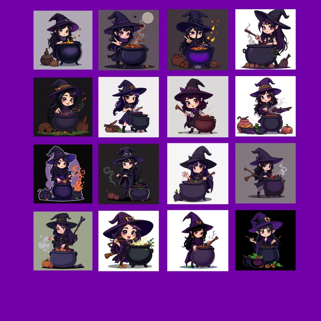 23 Chibi Witch Cauldron Clipart PNG Set Adorable Halloween Witches ...