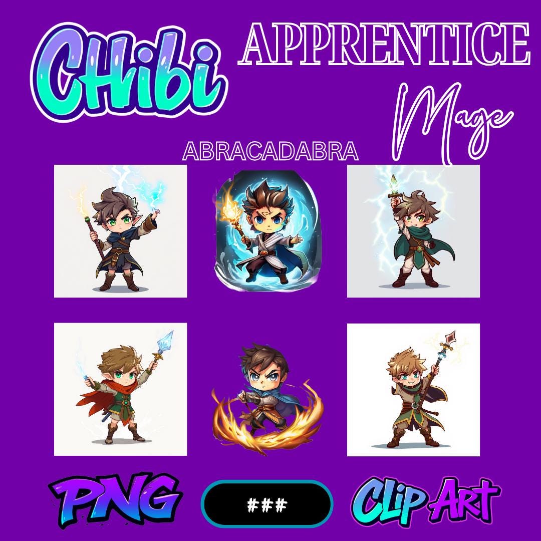 Chibi Apprentice Mage Clipart Cute Fantasy Wizard Digital Art for ...