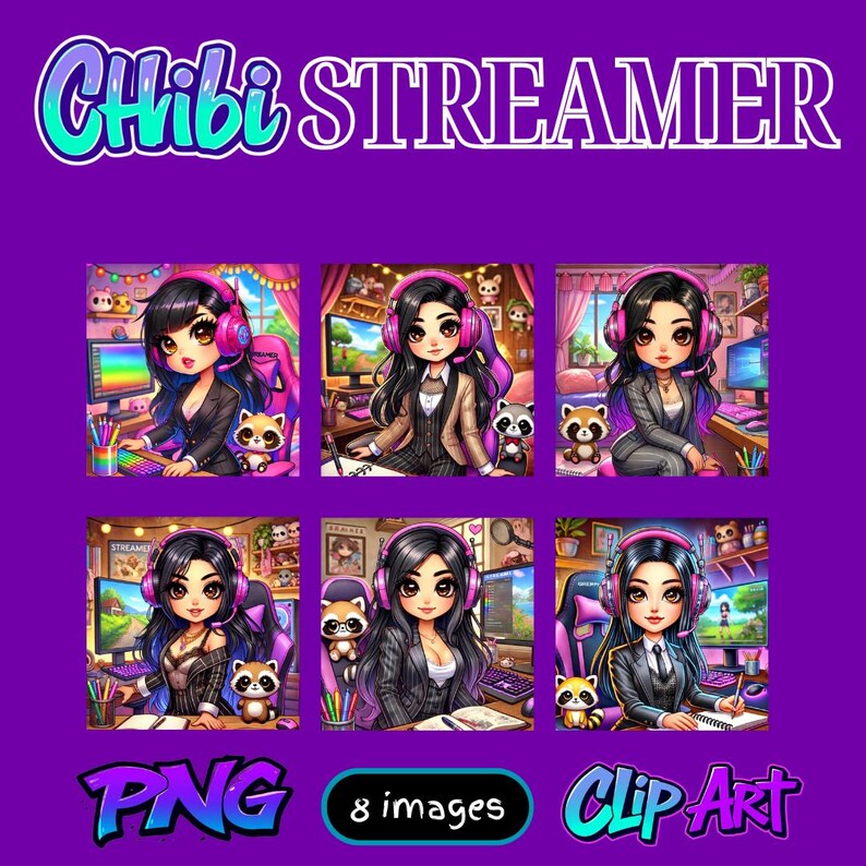 Chibi Streamer Clipart Set 8 Pngs With Cute Gamer & Streaming Setup ...