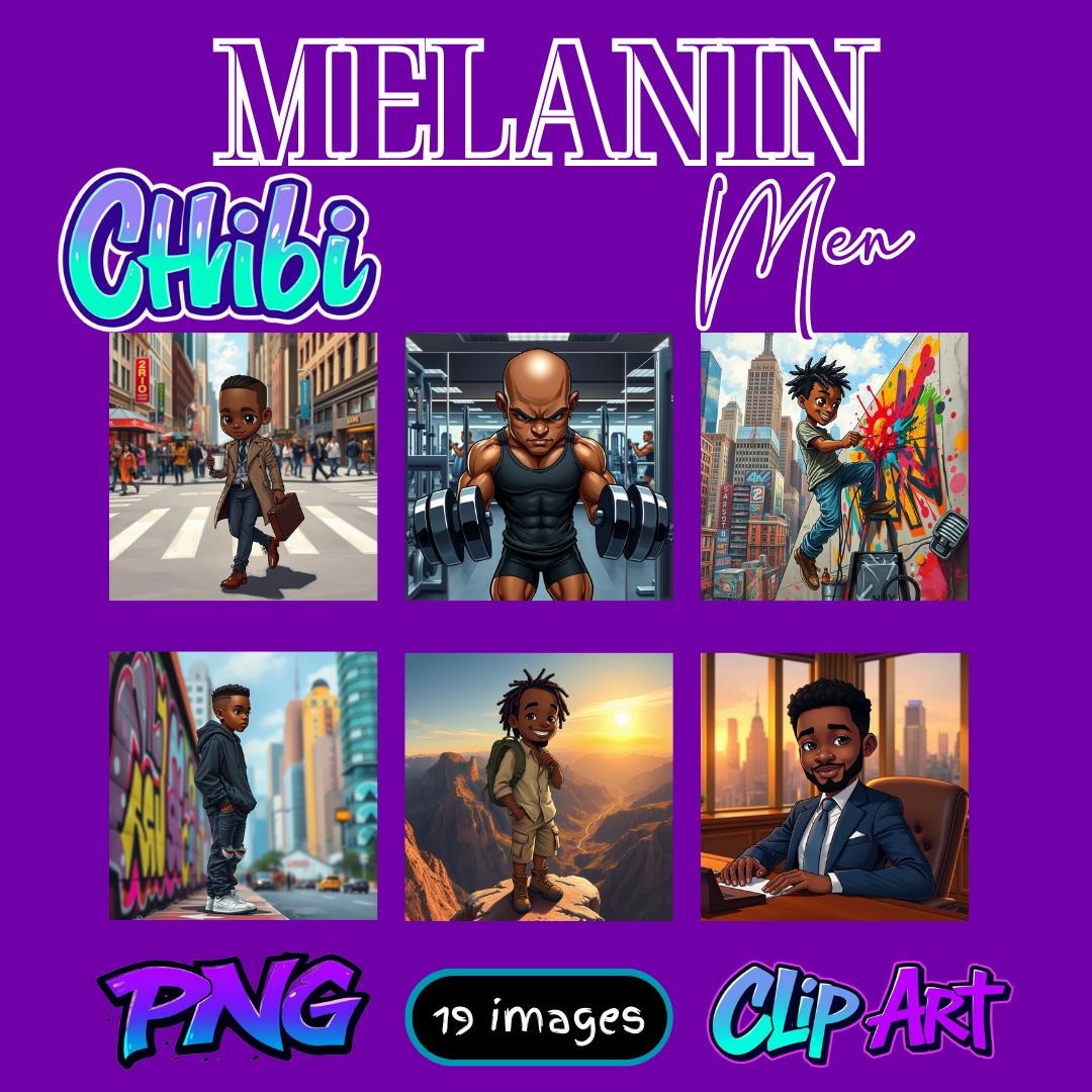 Melanin Men Chibi Clip Art Bundle 19 PNG Images Black Men Art, Diverse ...