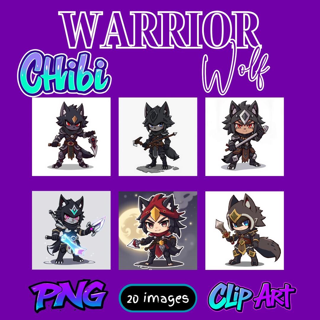 20 PNG Chibi Warrior Wolf Clipart Pack Cute Wolf Warriors With Weapons ...