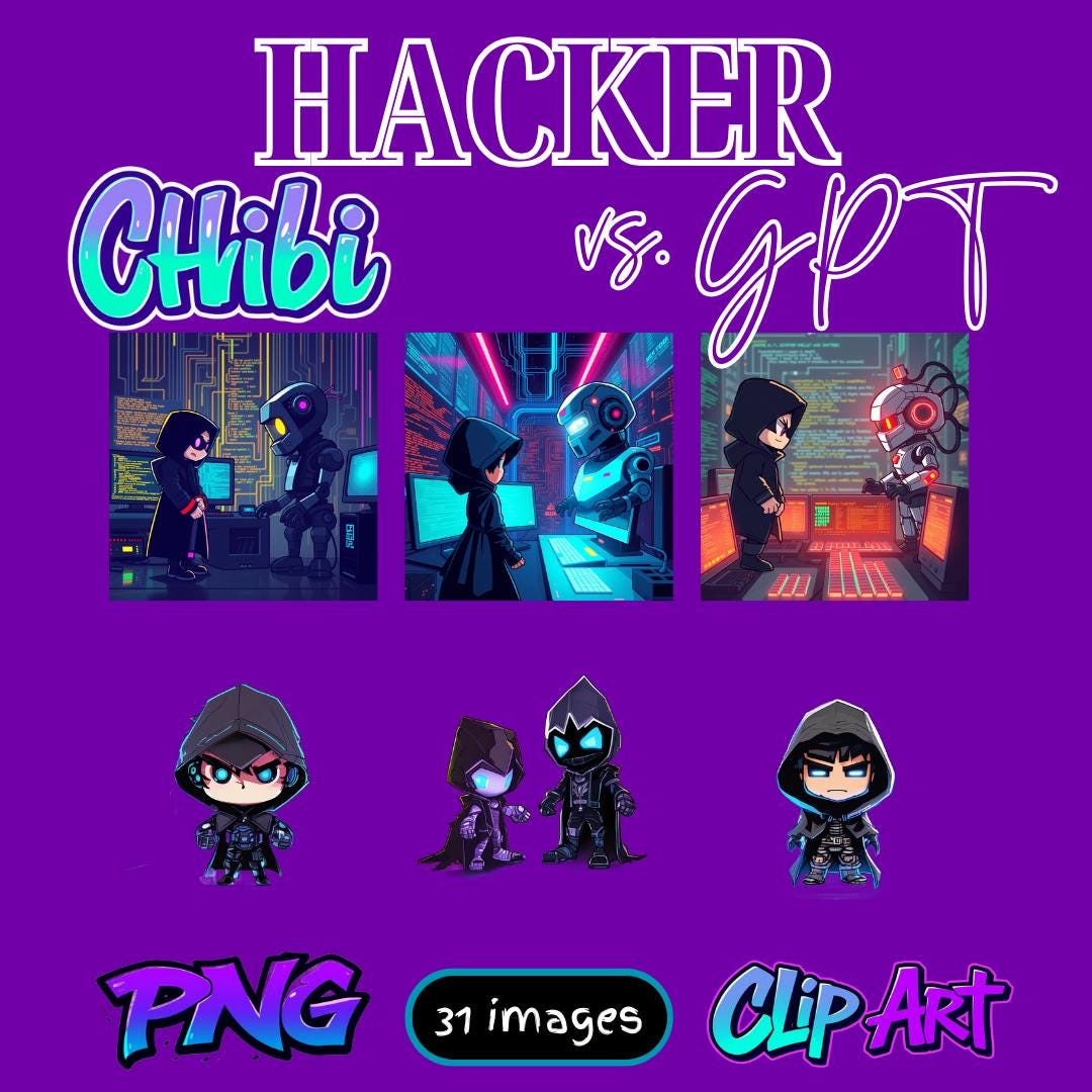 Chibi Hacker Vs. GPT Clipart Bundle 31 High-quality Pngs, Cyber Hacking ...