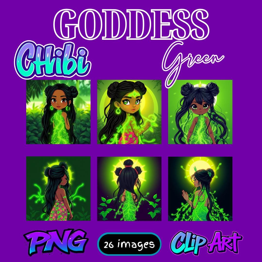 Goddess Green Chibi Clip Art 26 Digital Images, Nature-inspired Fantasy ...