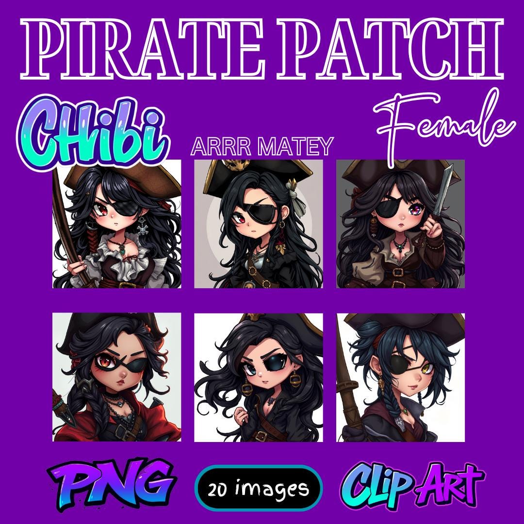 Chibi Female Pirate Patch PNG Images Pirate Queen Clip Art for Invitations, Digital Crafts, and ...