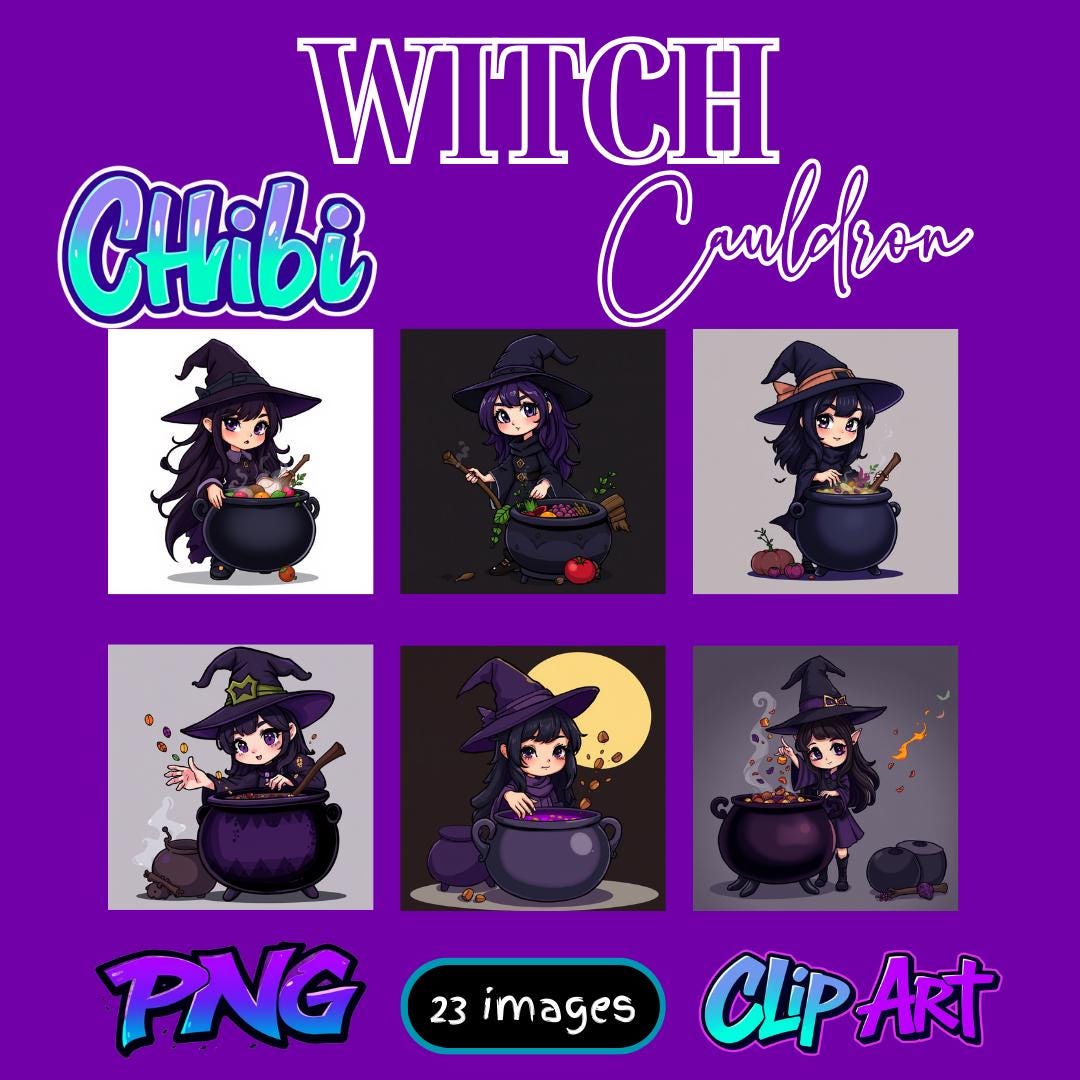 23 Chibi Witch Cauldron Clipart PNG Set Adorable Halloween Witches ...
