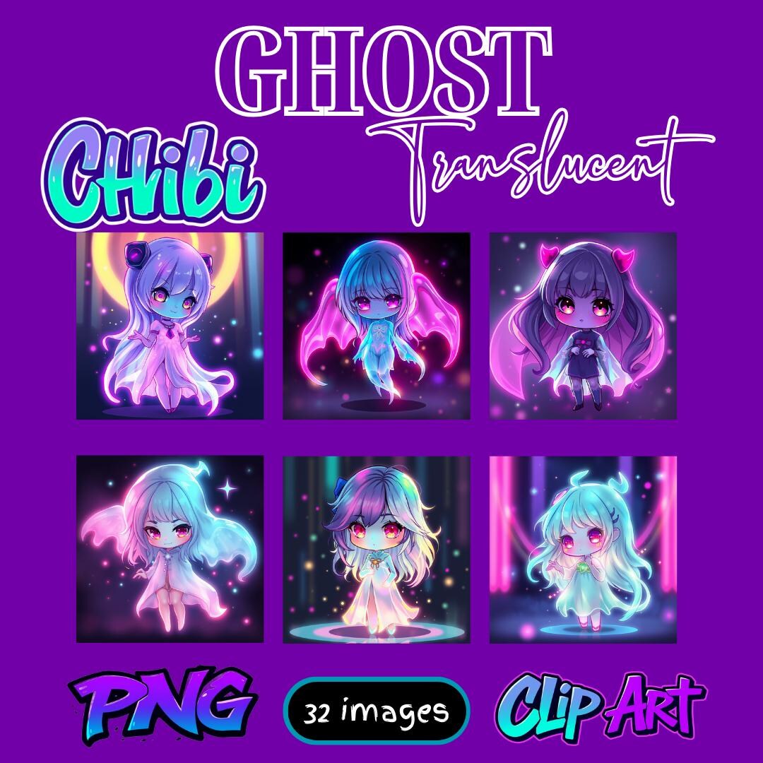 Translucent Ghost Chibi Clipart 32 PNG Files of Cute, Neon-hued Ghosts ...