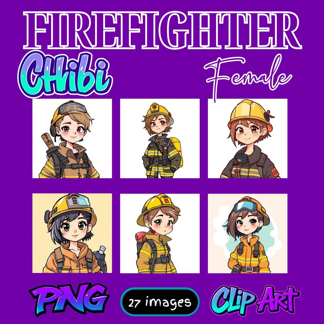 Chibi Female Firefighter Clipart 27 Pngs Adorable Heroic Firefighter ...