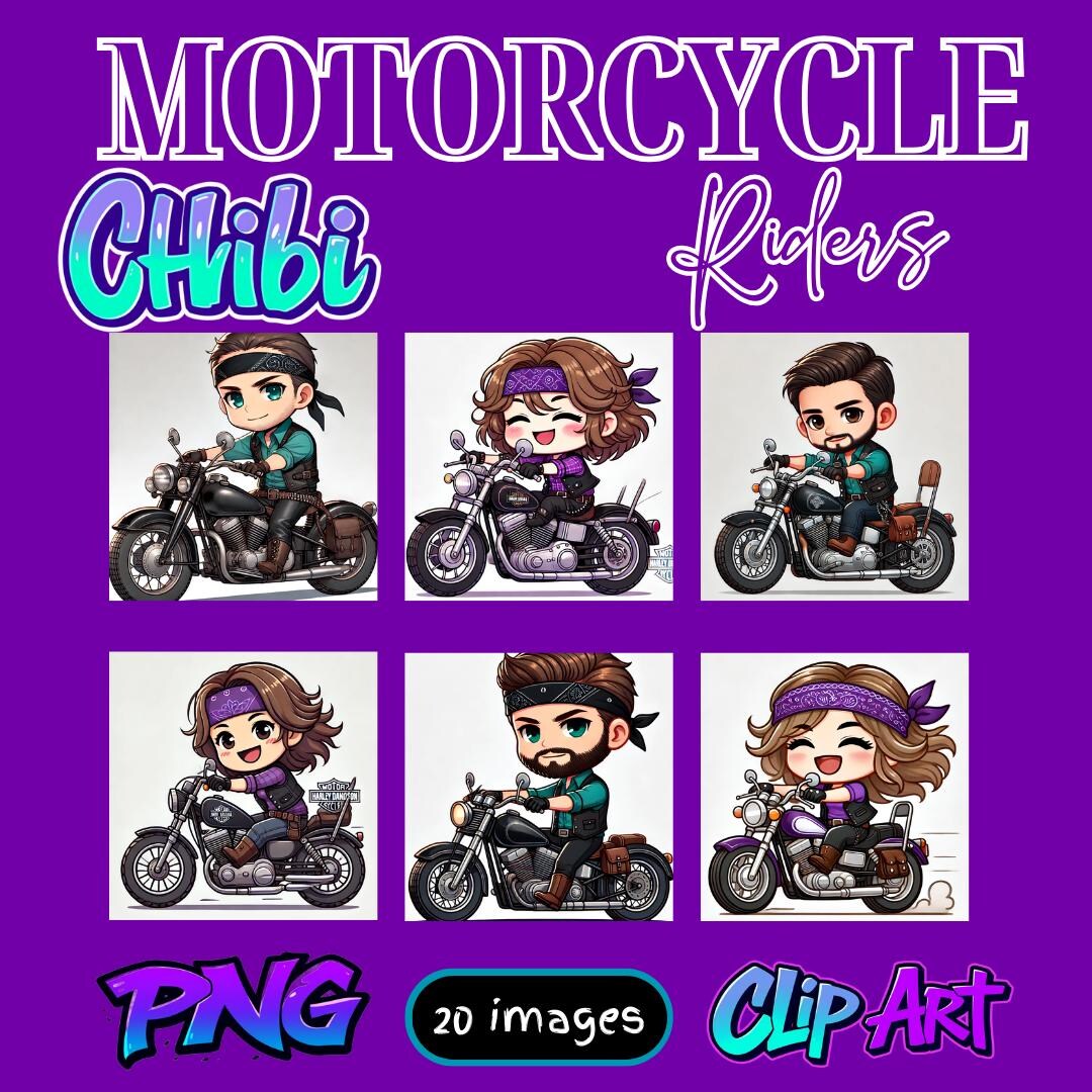 Motorcycle Riders Chibi Clip Art Bundle 20 Pngs, Cute Biker Characters ...