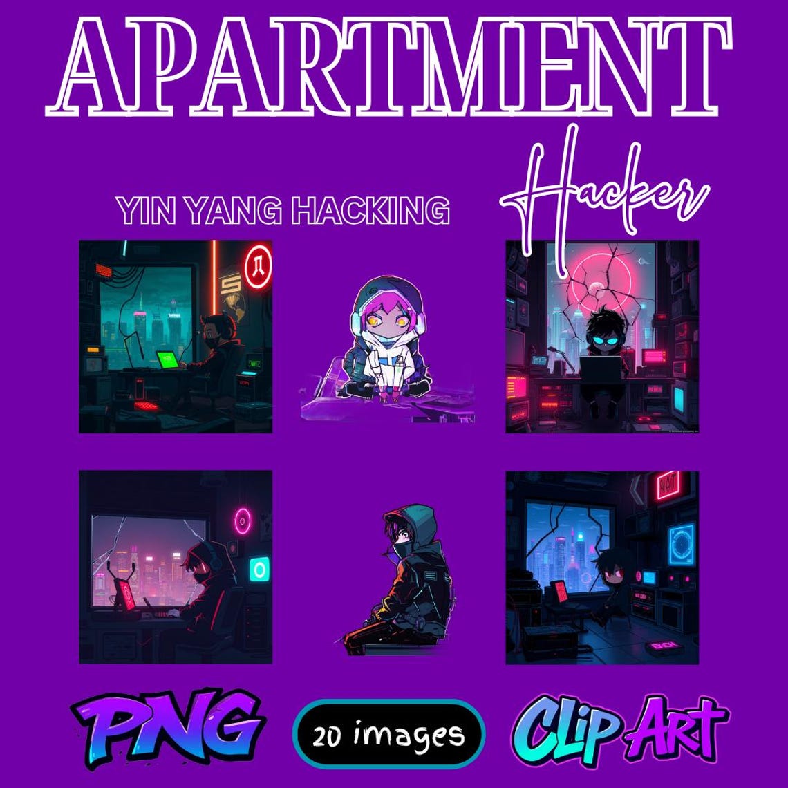 Cyberpunk Hacker Clipart Futuristic Digital Art for Stickers, T-shirts ...